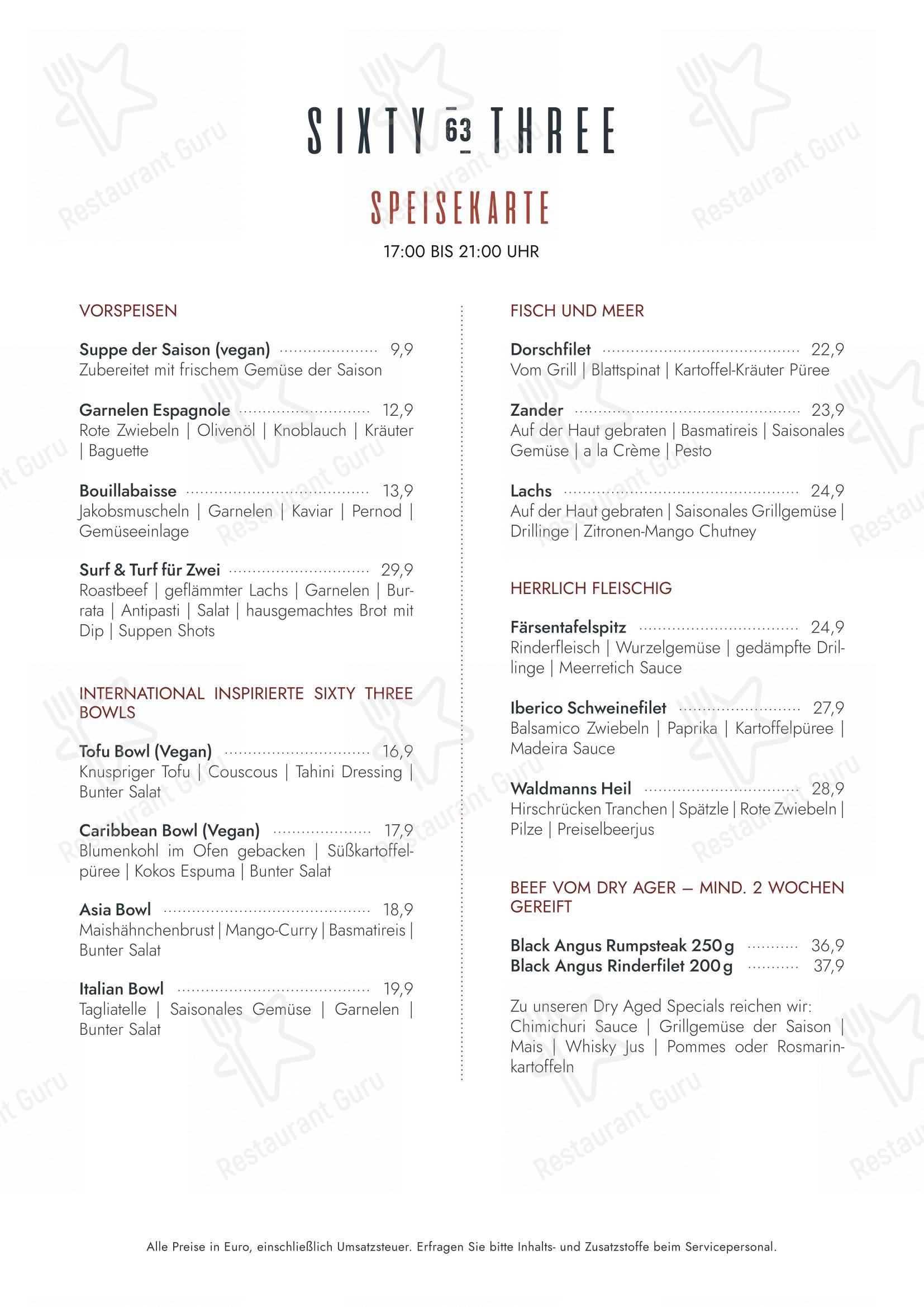 Speisekarte von Restaurant SIXTY THREE 63, Ostseebad Boltenhagen