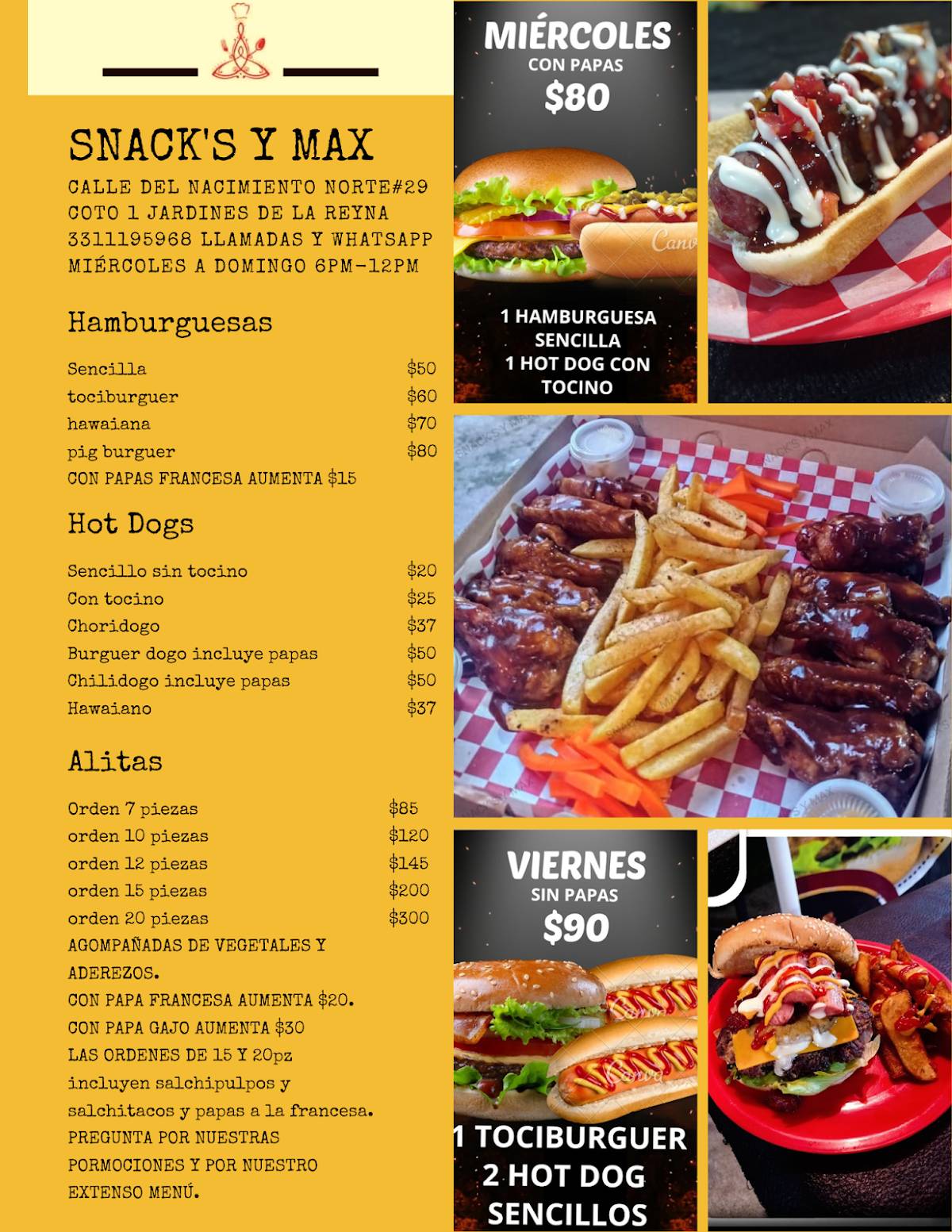 Menu at SNACK'S Y MAX restaurant, Guadalajara