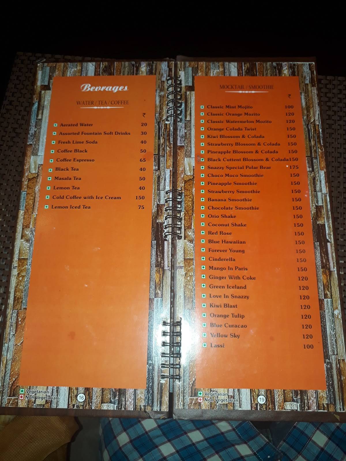 Menu at SNAZZY, Barrackpore