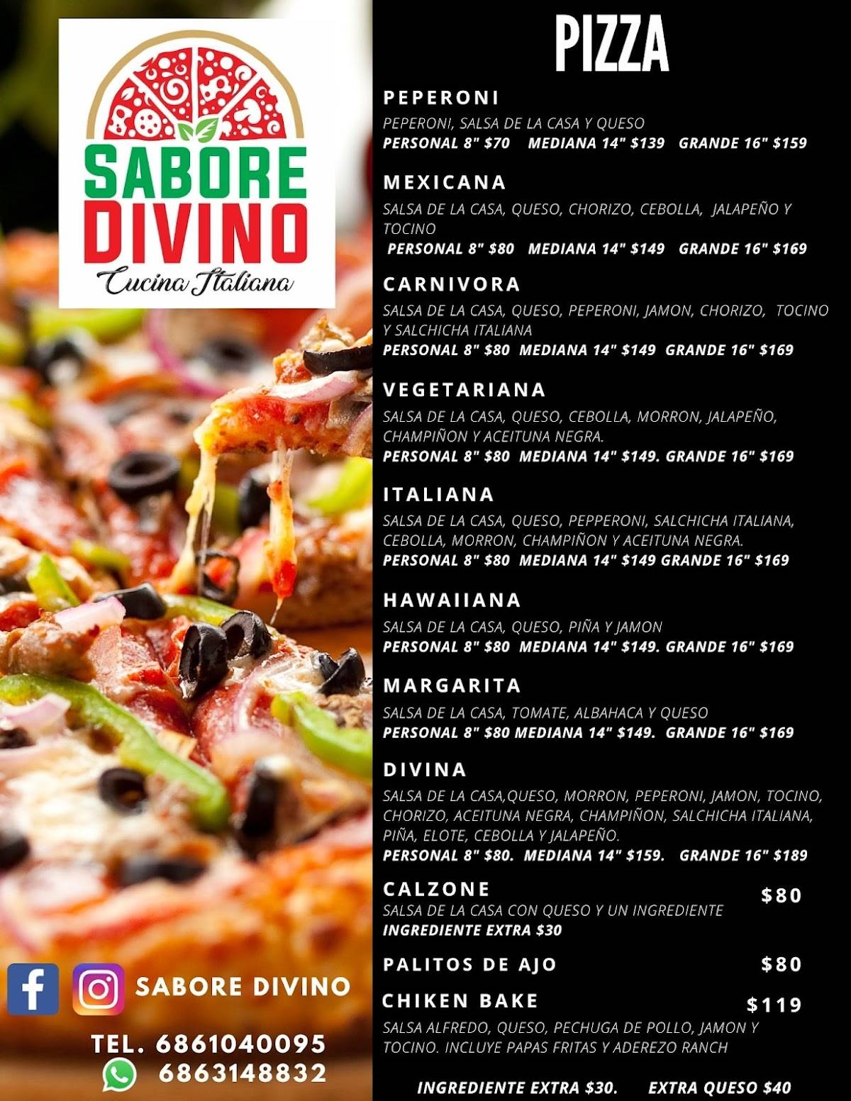 Menu at Sabore Divino restaurant, Mexicali