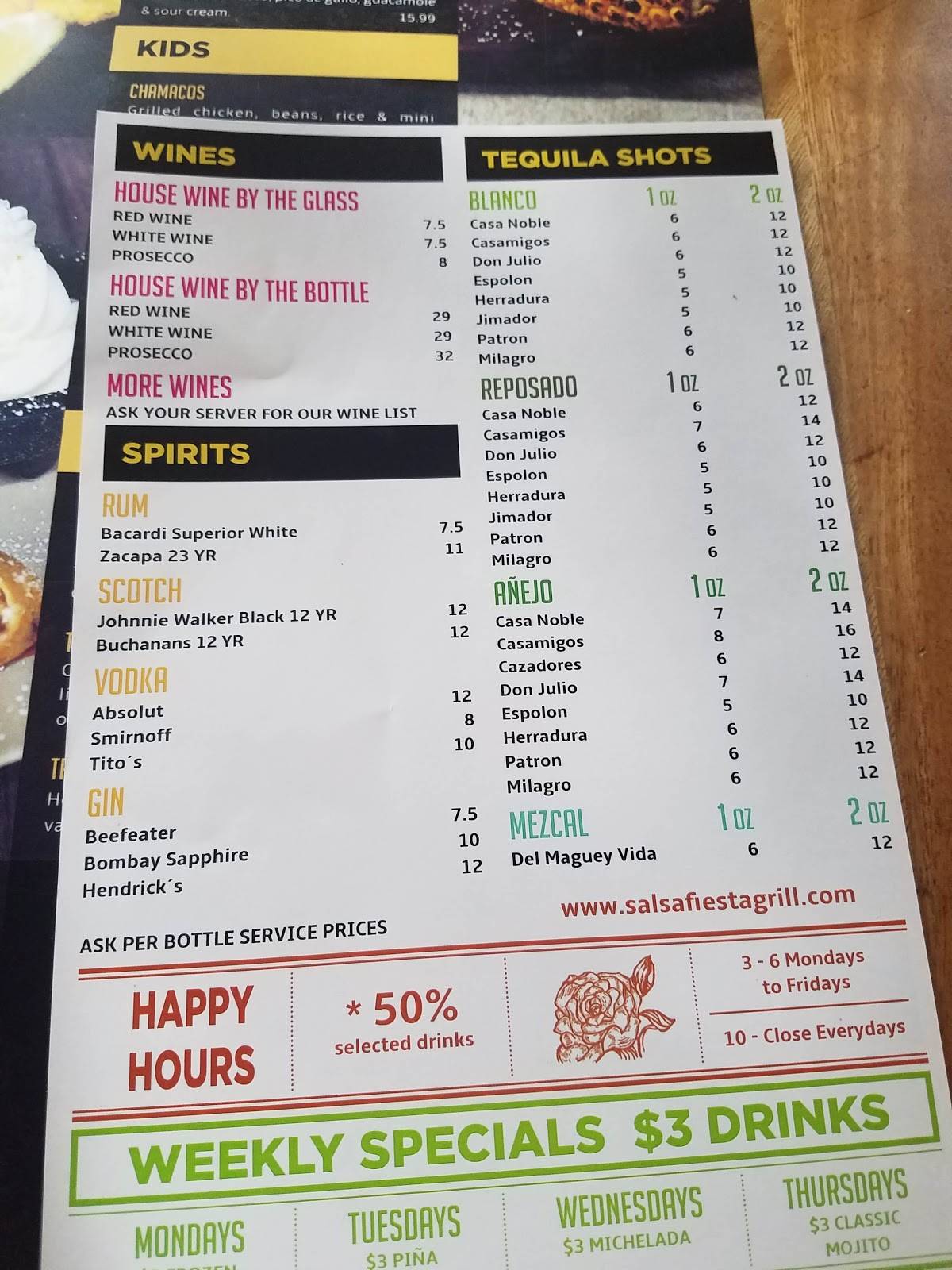 Menu at Salsa Fiesta restaurant, Miami Lakes, Main St