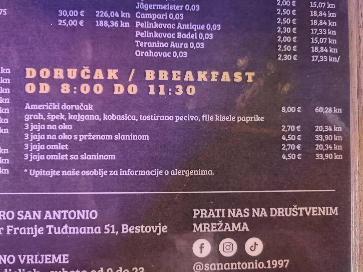 Menu da San Antonio - Burgers, BBQ, Beer, Bestovje
