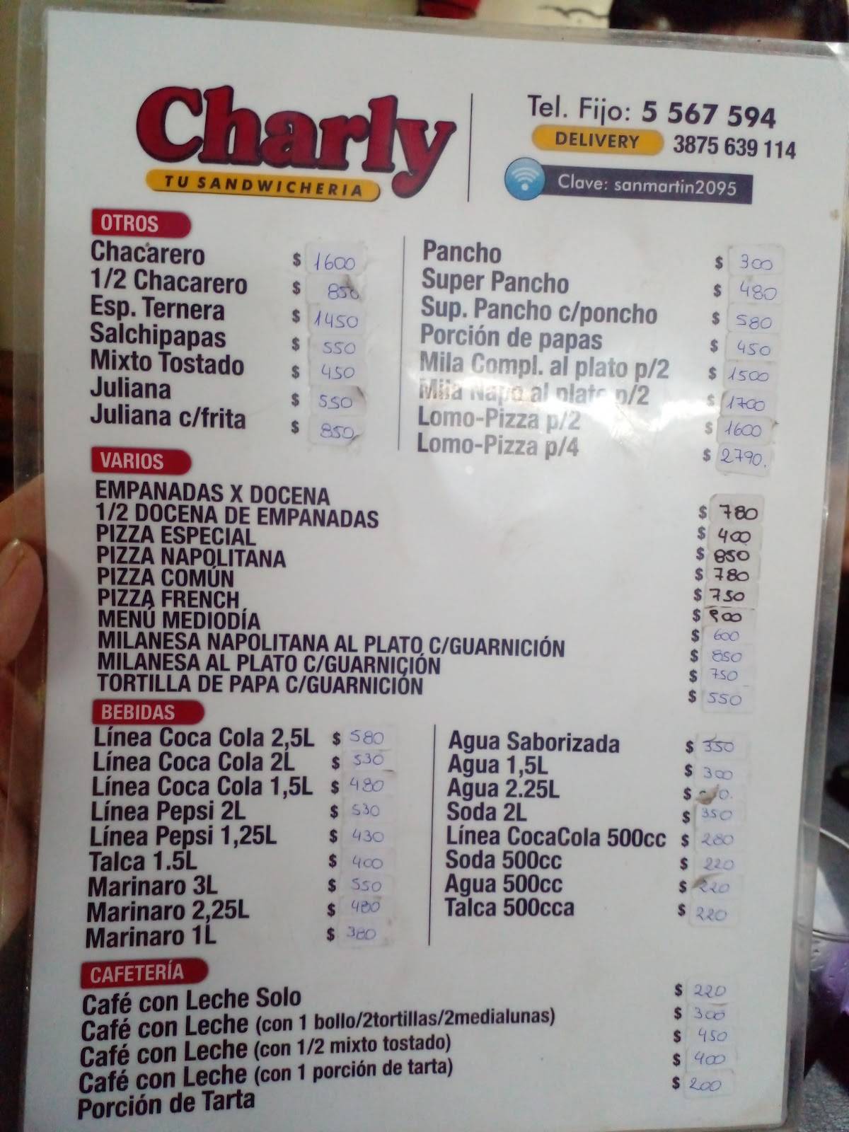 Carta del restaurante Sandwicheria Charly, Salta, Av. San Martín 2095