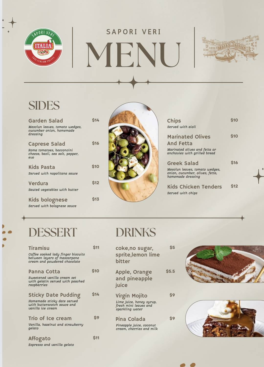 Menu at Sapori Veri restaurant, Joondalup