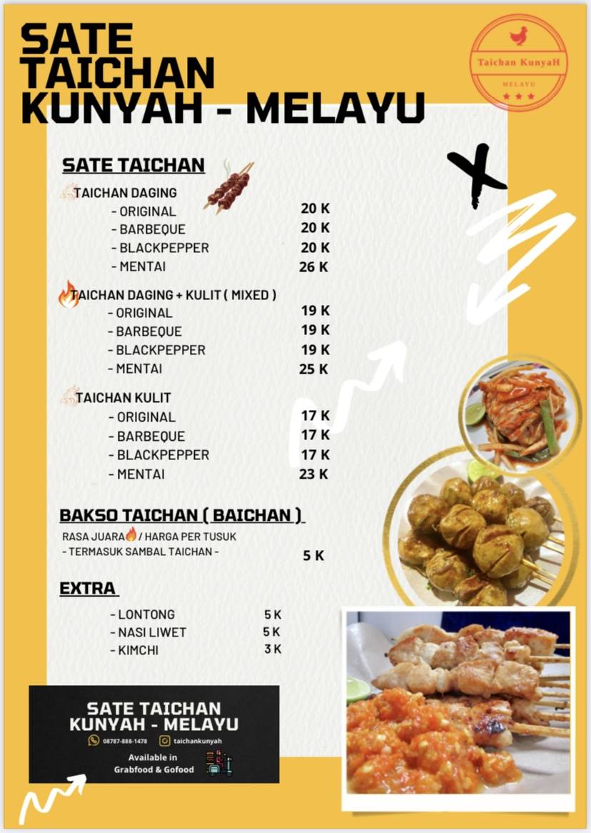 Menu at Sate Taichan KunyaH Melayu restaurant, East Jakarta