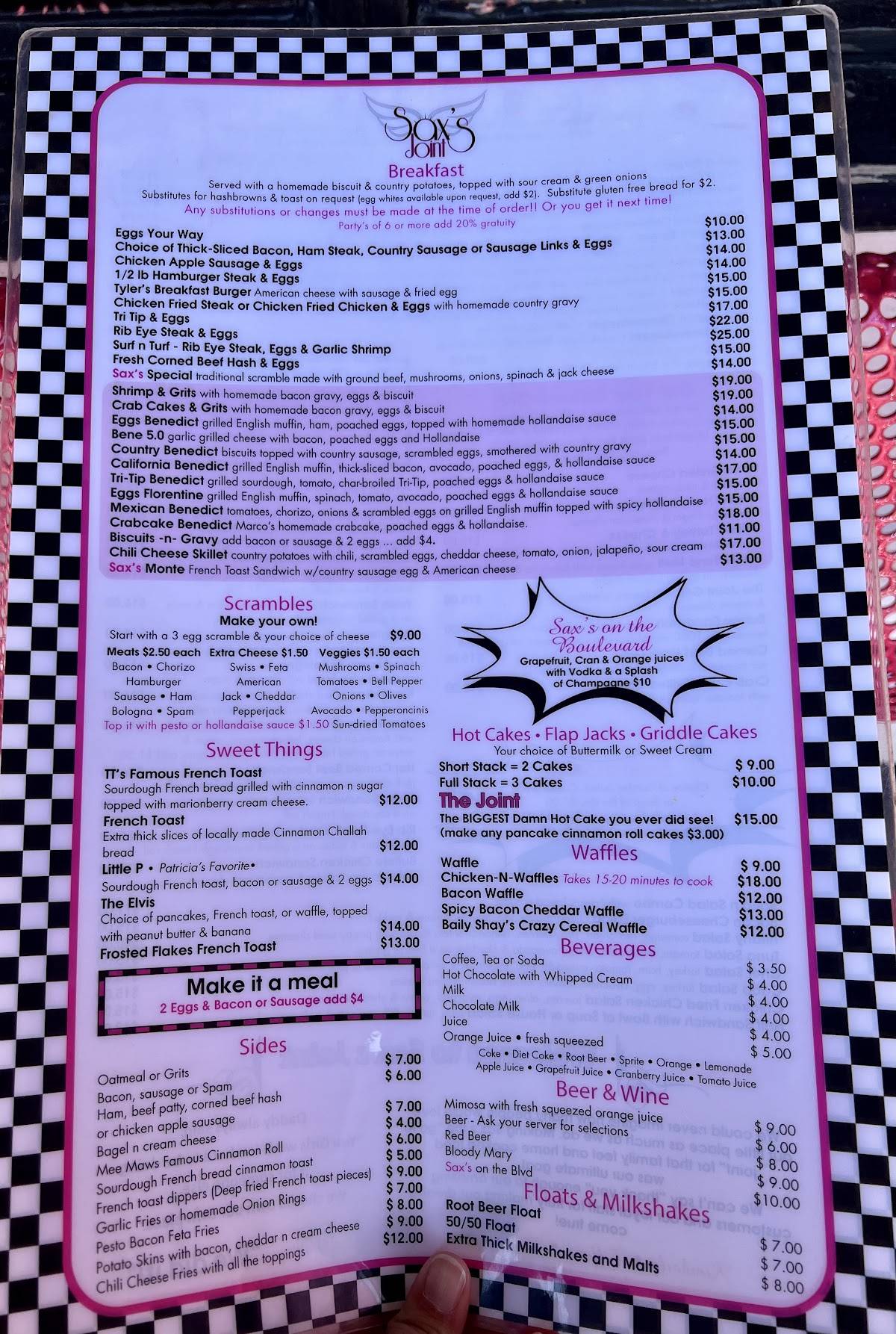 Menu at Sax's Joint restaurant, Petaluma