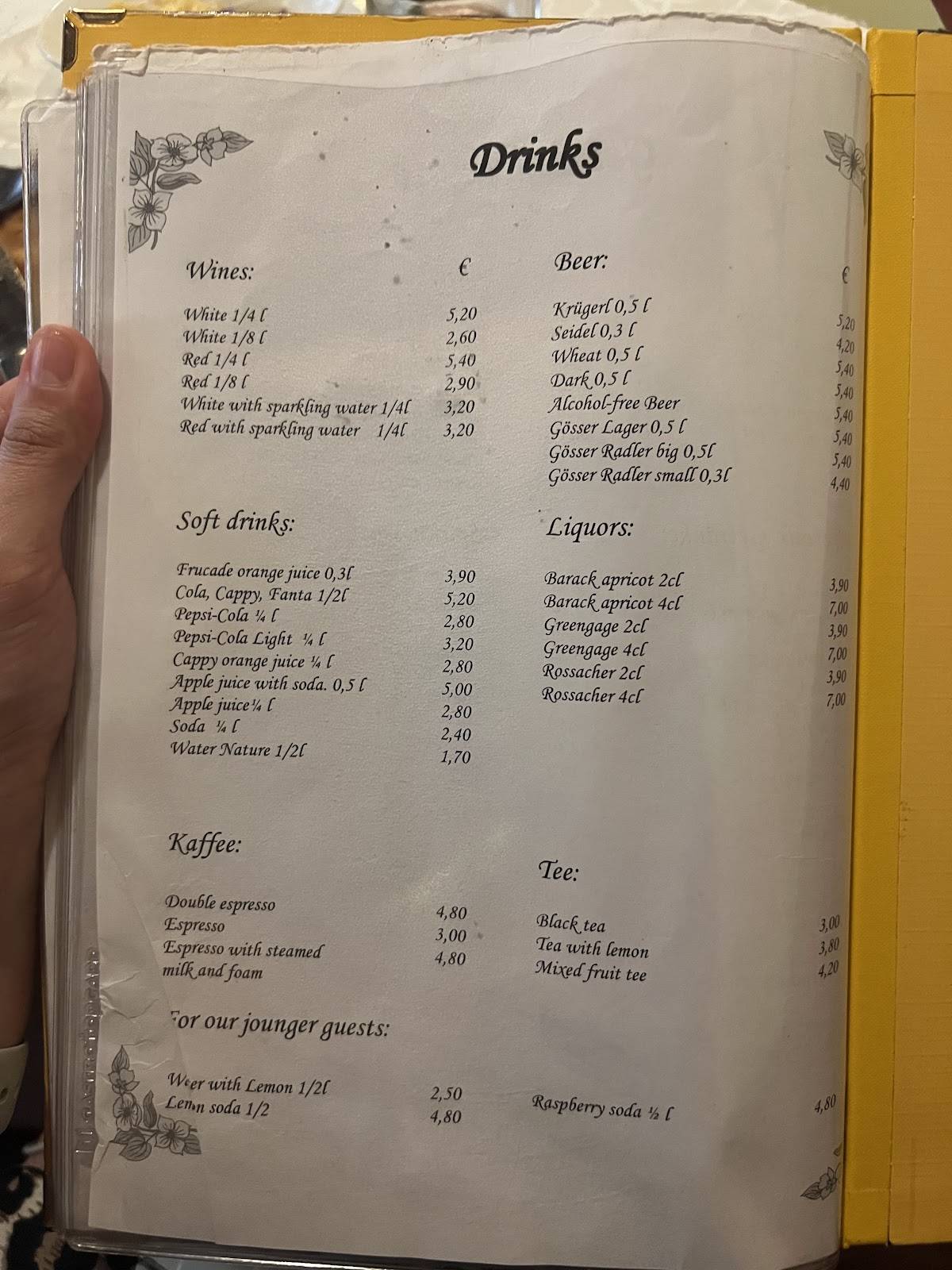 Menu at Schnitzel Wirt restaurant, Vienna, Neubaugasse 52