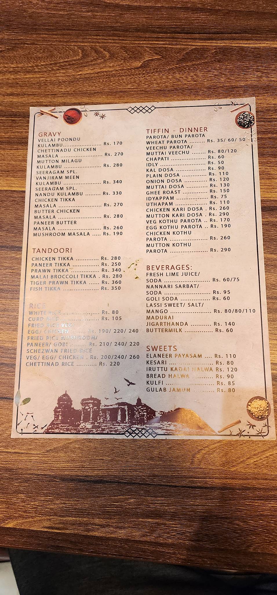 Menu at Seeragam, Chennai