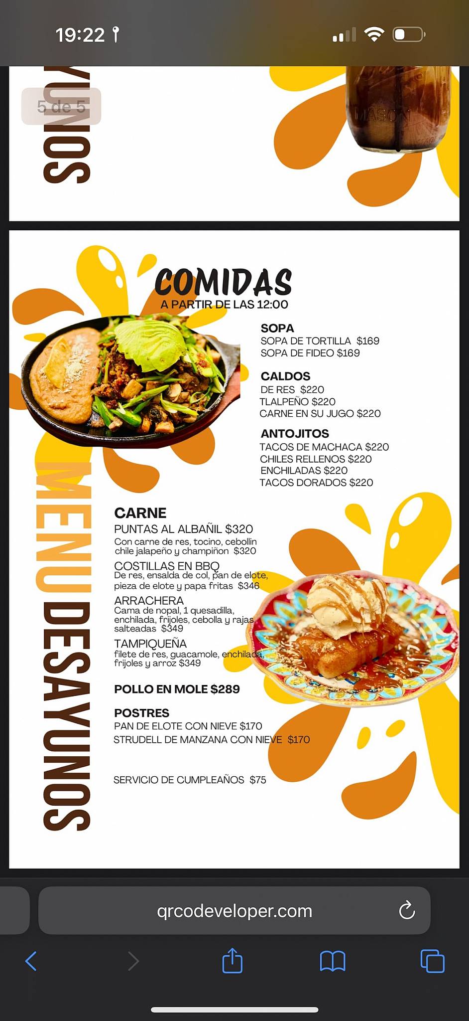 Carta de Segundo Piso Restaurant, Mexicali