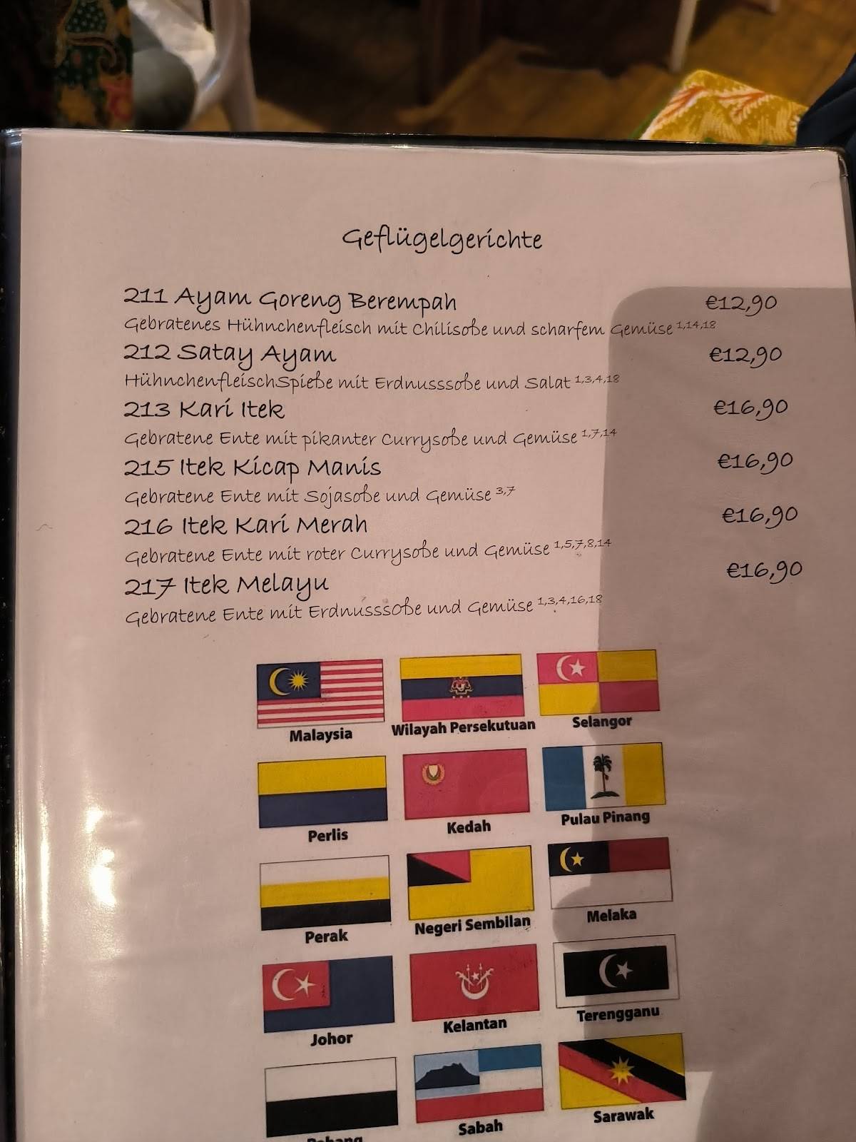 Menu at Seri Melayu restaurant, Berlin