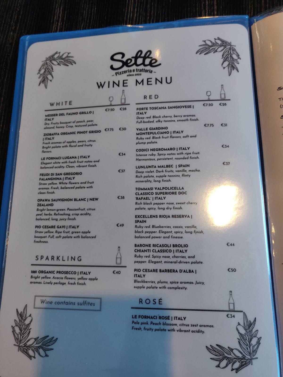 Menu at Sette Pizzeria & Trattoria, Malahide