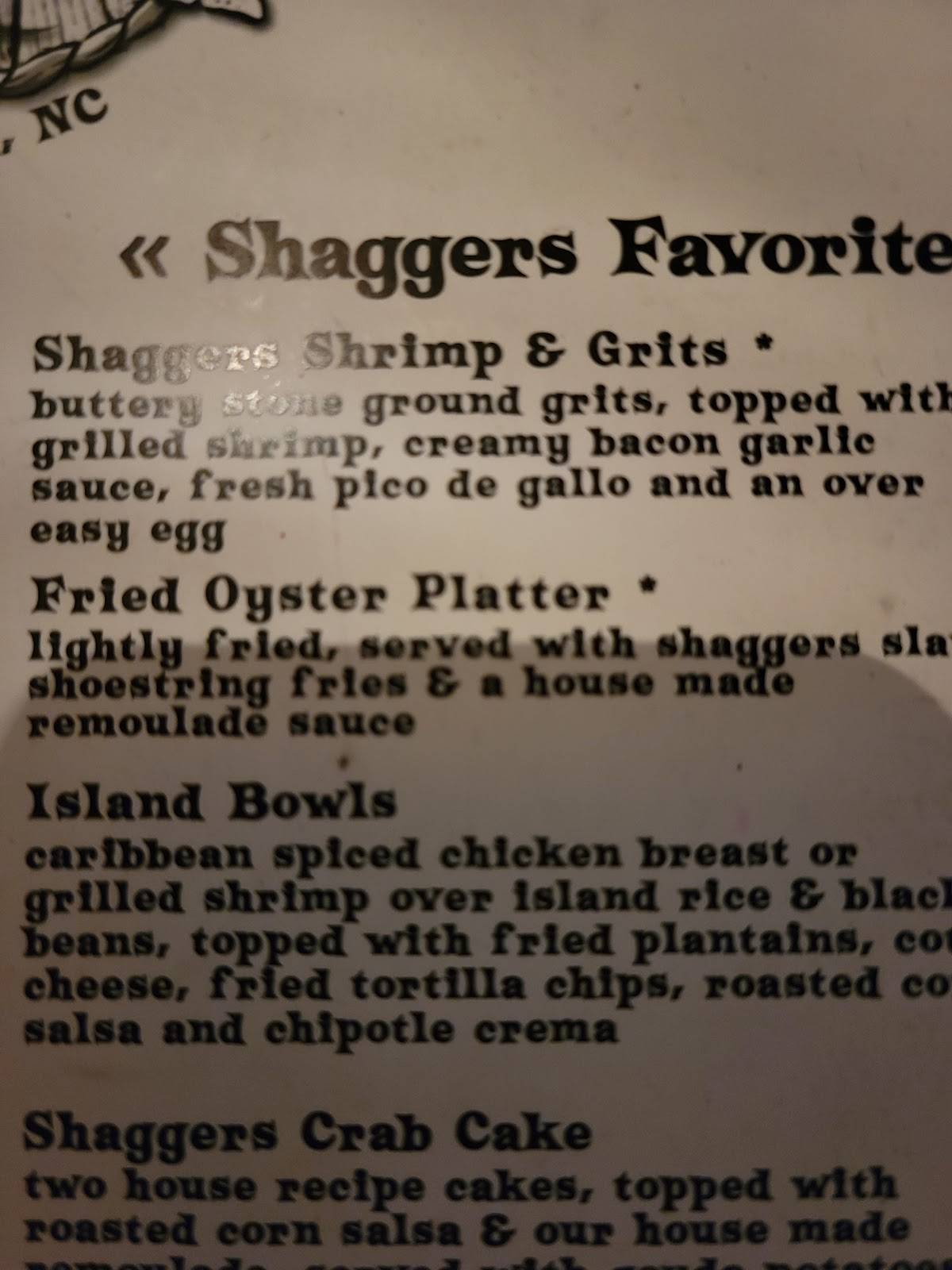 Menu at Shagger Jacks restaurant, Oak Island