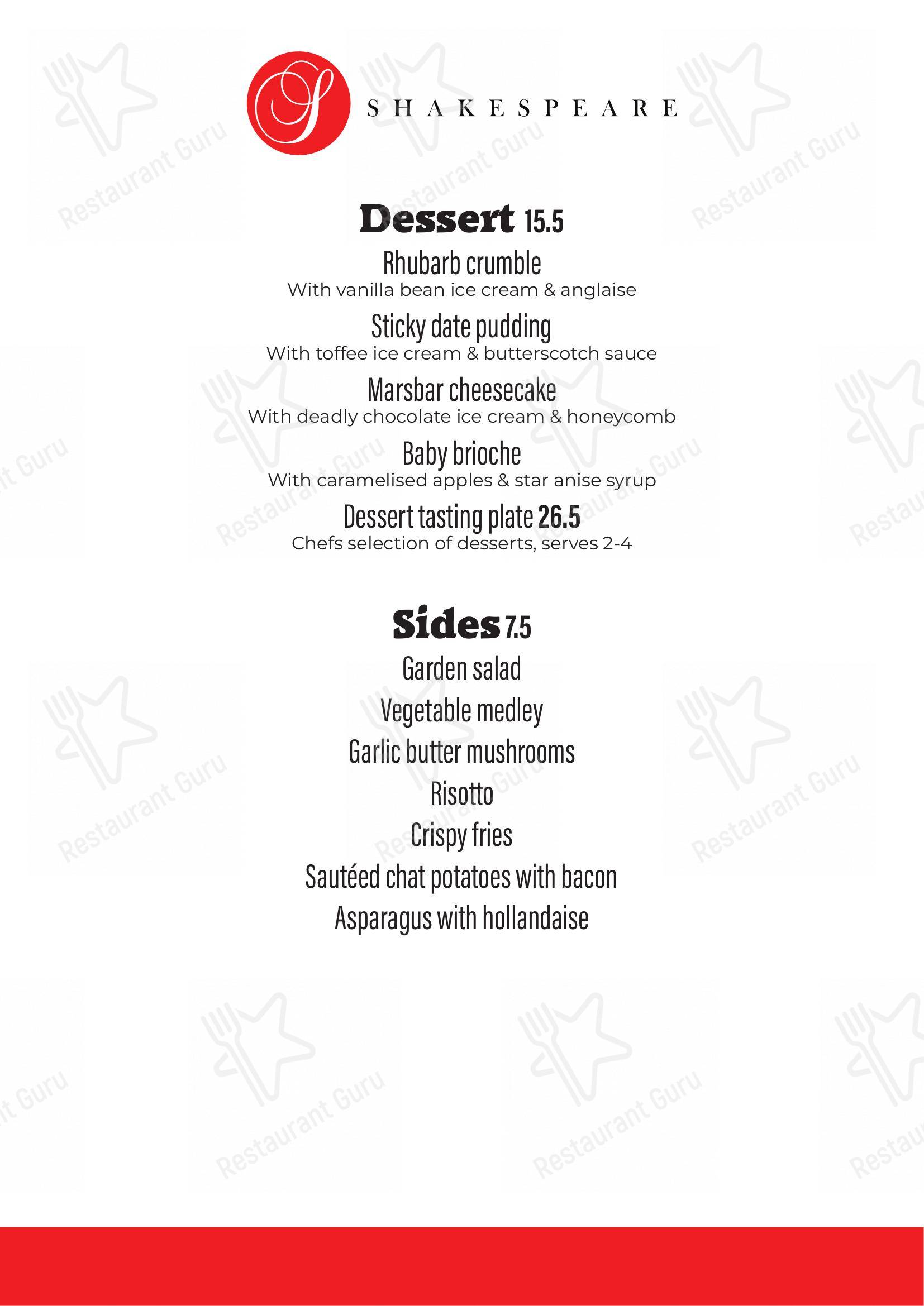 Menu at Shakespeare restaurant, Mackay