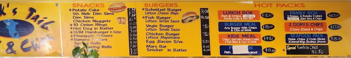 Menu at Shark's Tail Fish and Chippery restaurant, Sunshine West