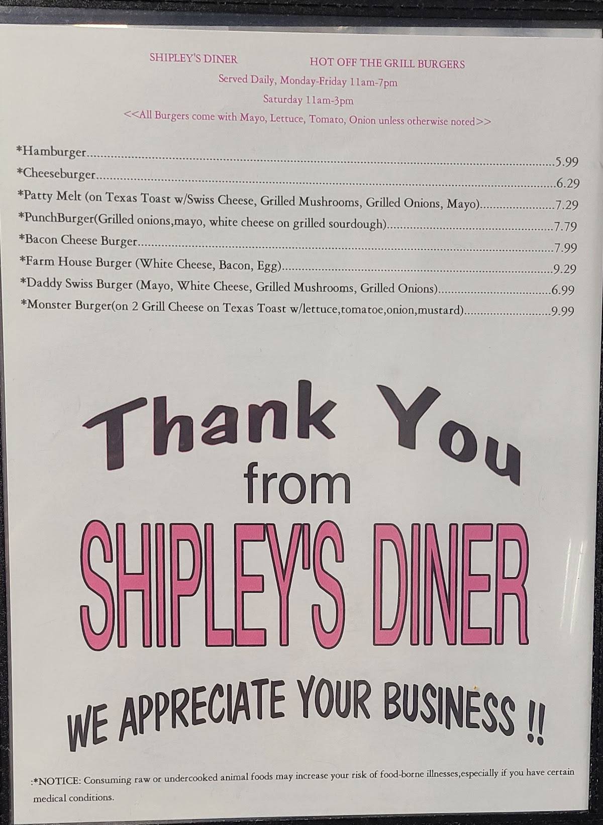 Menu at Shipley's Diner restaurant, Kingsport