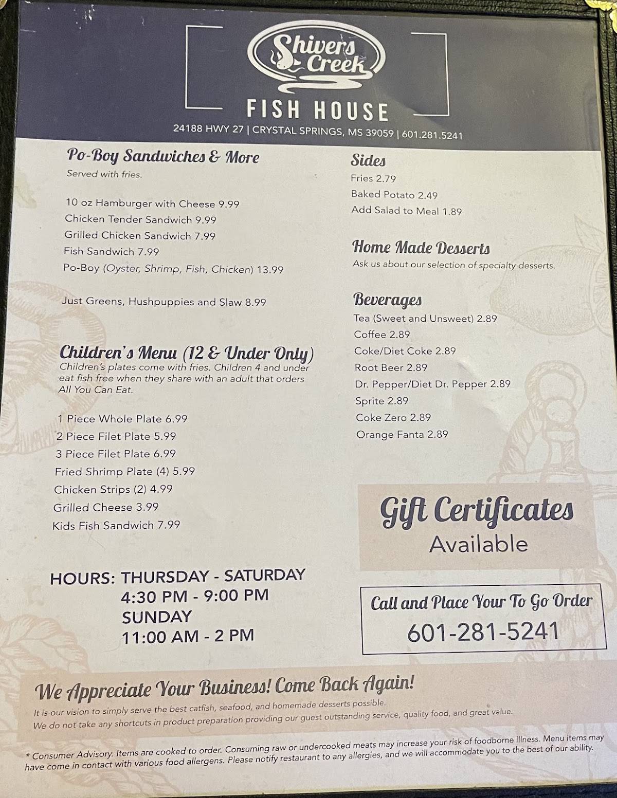 Menu at Shivers Creek Catfish House (Crystal Springs Location ...