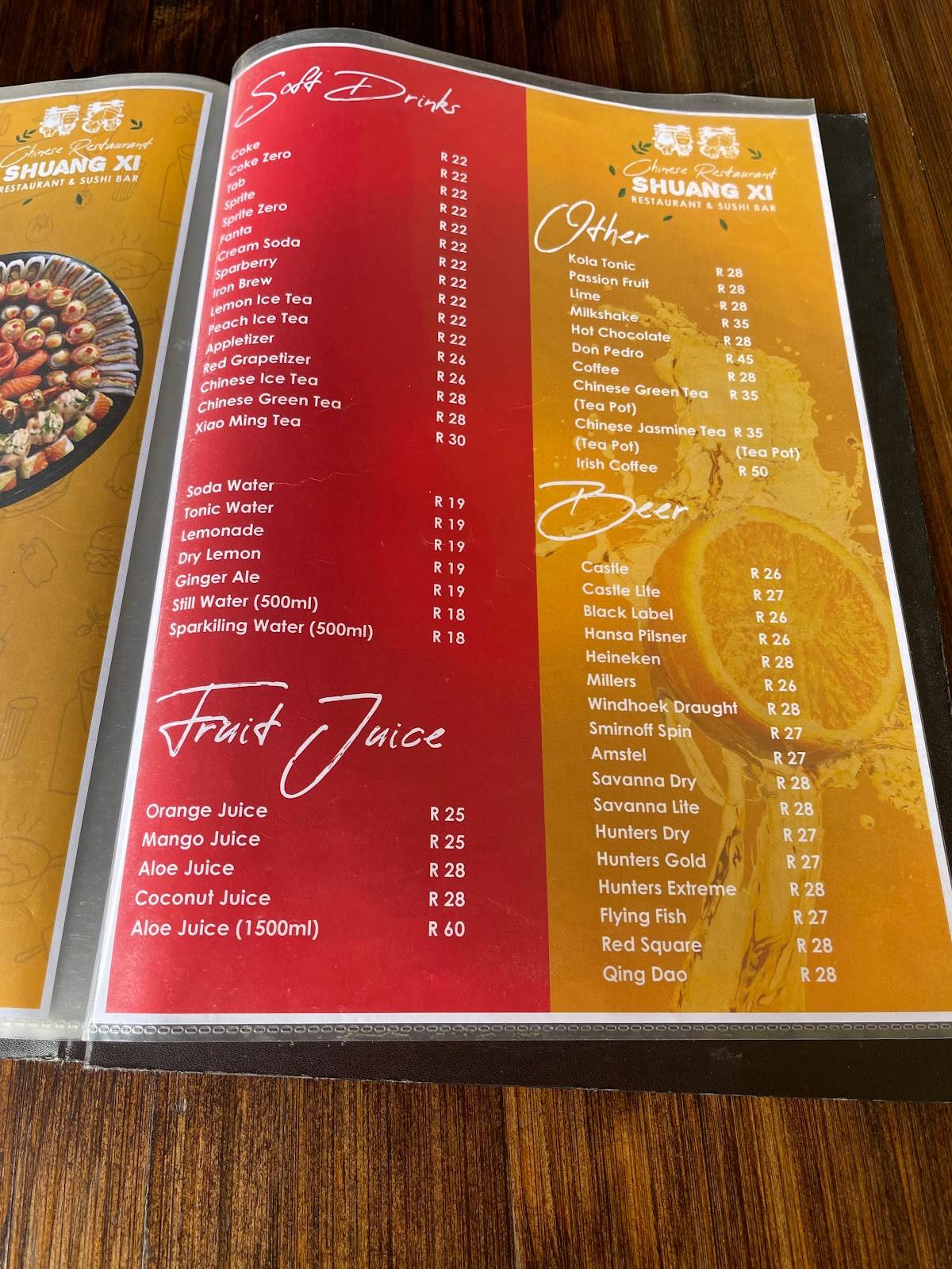 Menu at Shuang XI Chinese & Sushi restaurant, Nelspruit