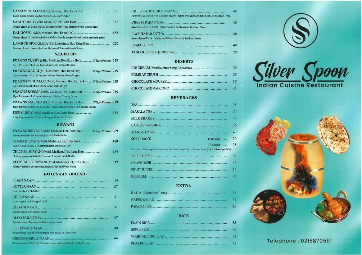 Menu at Silver Spoon Indian Cuisine restaurant, Cape Town