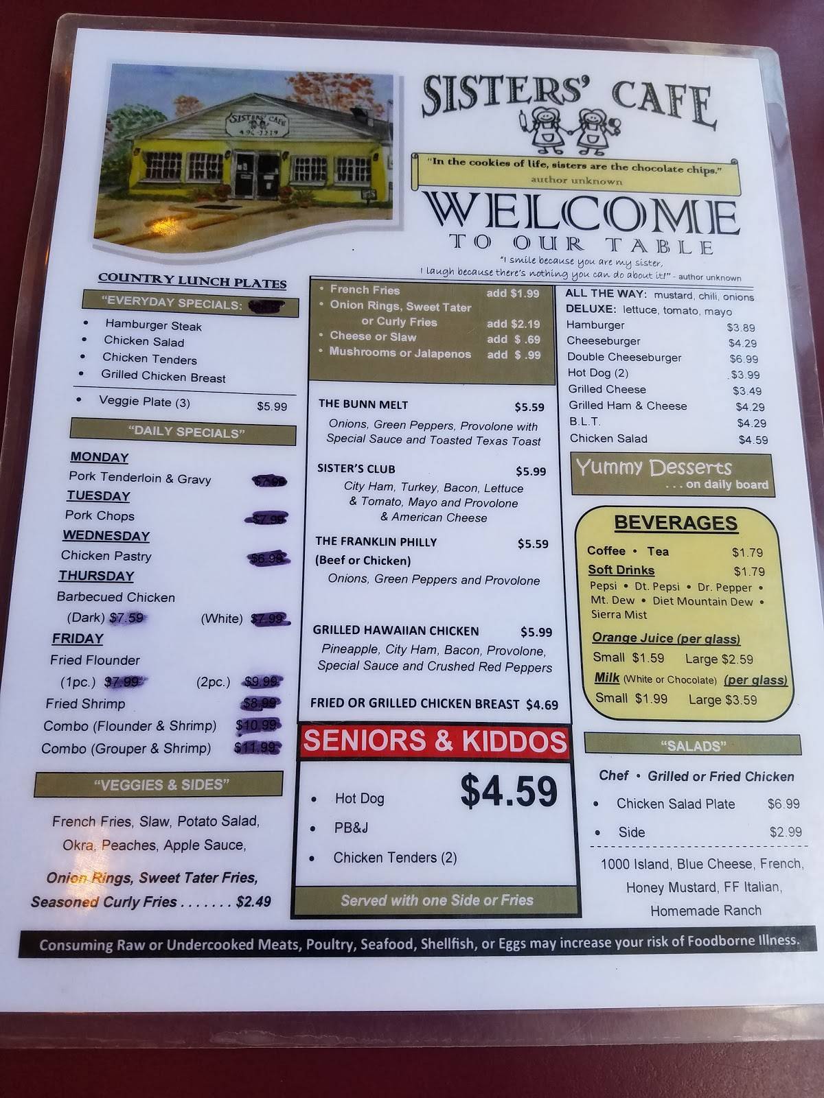 Menu at Sisters Cafe, Bunn
