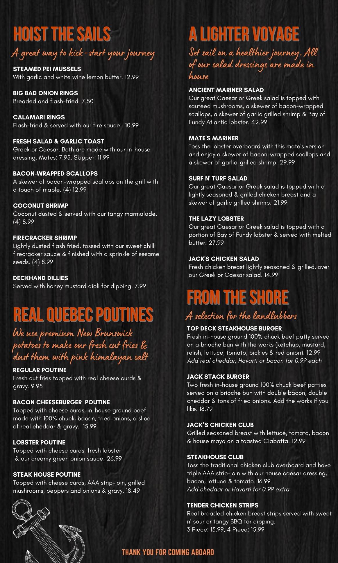 Menu at Skipper Jack's Maritime Restaurant, Moncton