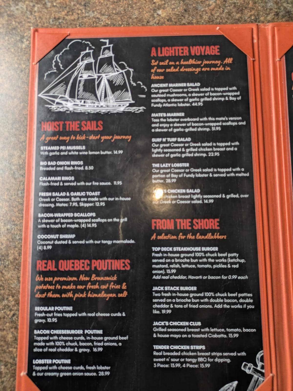 Menu at Skipper Jack's Maritime Restaurant, Moncton
