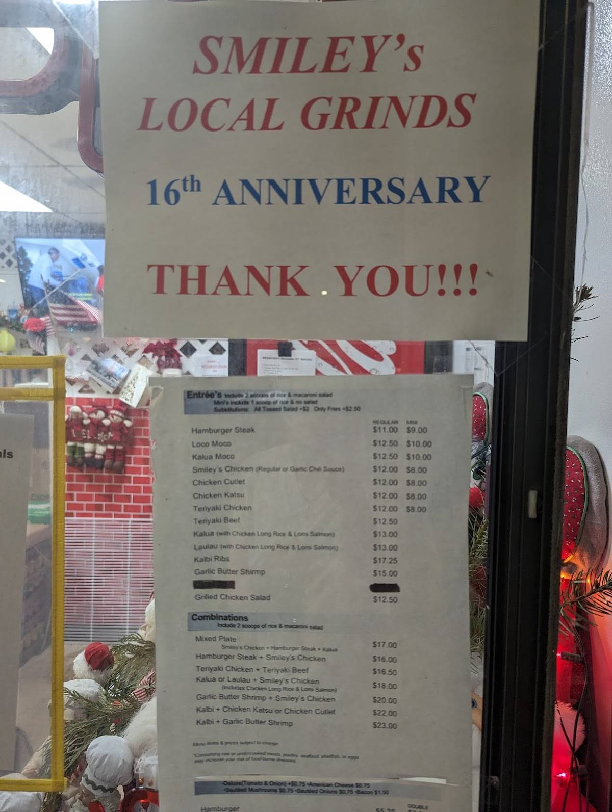 Menu at Smiley's Local Grinds restaurant, Lihue