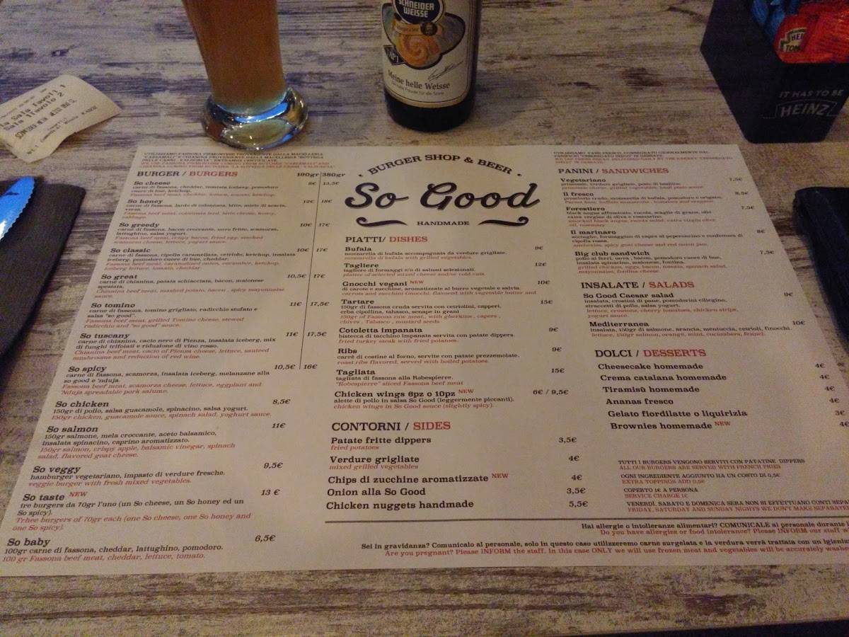 Menu da So Good - Burger Shop & Beer ristorante, Cambiago