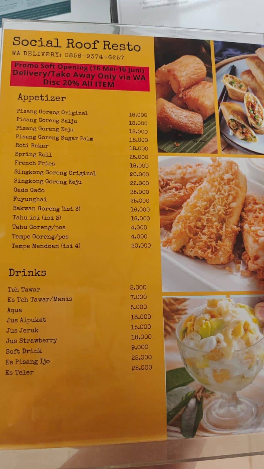 Menu at Social Roof restaurant, West Jakarta