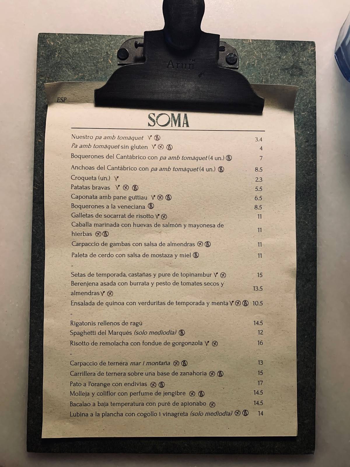Carta de Soma restaurant, Barcelona
