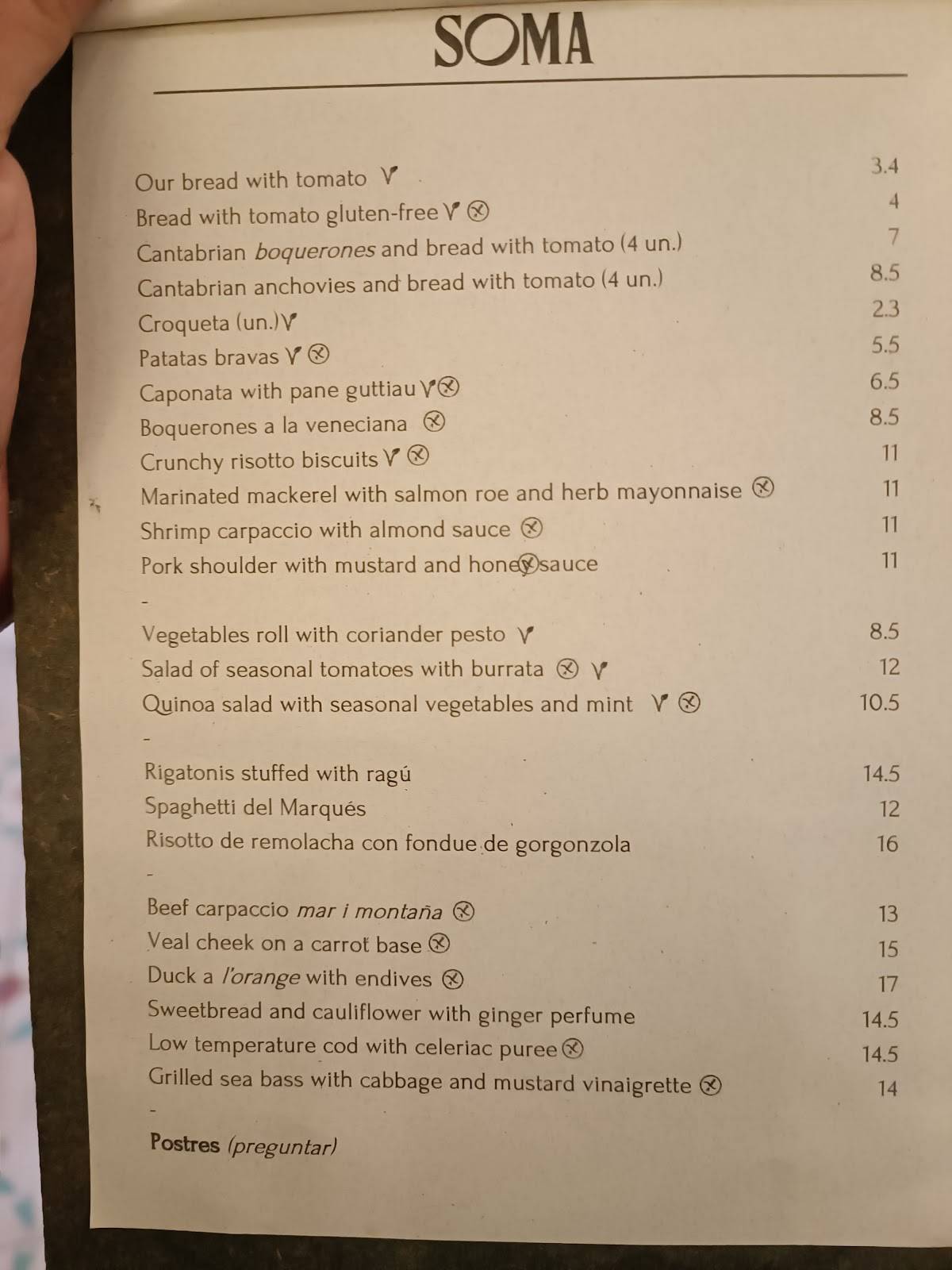 Menu at Soma restaurant, Barcelona