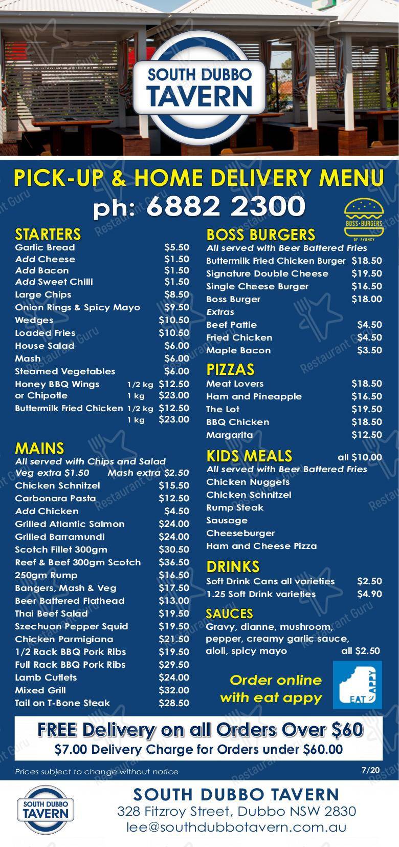 Menu at South Dubbo Tavern restaurant, Dubbo