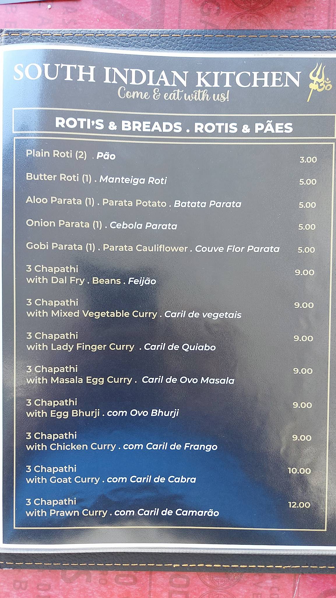 Carta del restaurante South Indian kitchen, Albufeira