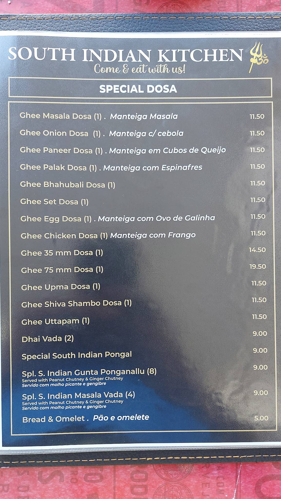Carta del restaurante South Indian kitchen, Albufeira