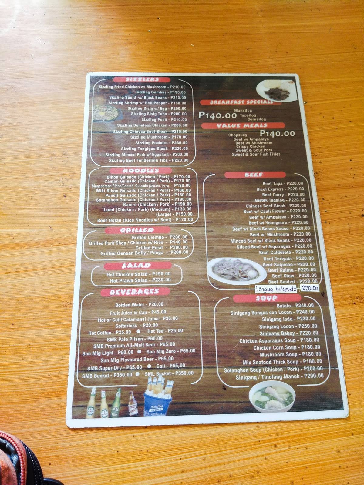 Menu at Southwoods restaurant, Ipil