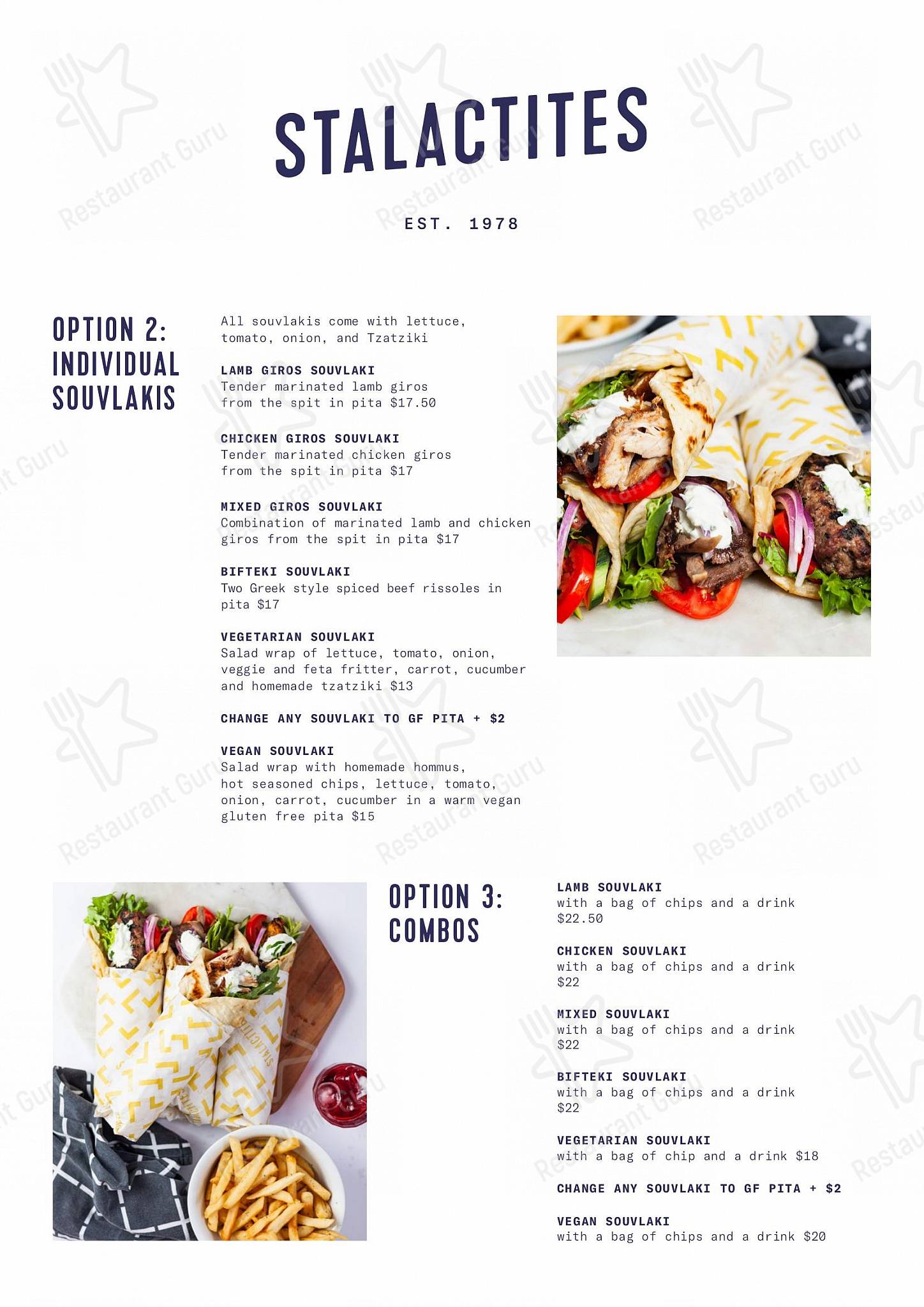 Menu at Stalactites Restaurant, Melbourne