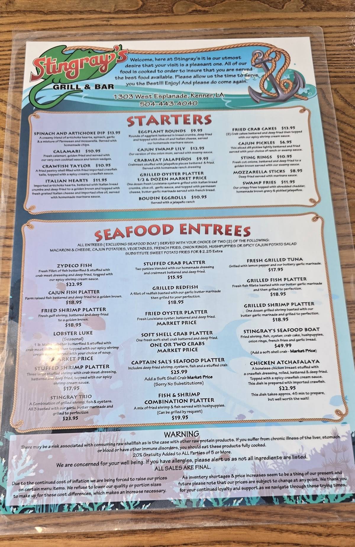 Menu at Stingrays Restaurant & Bar, Kenner