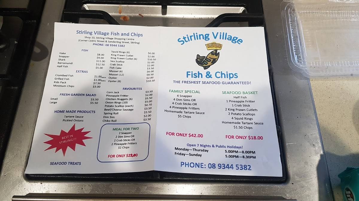 Menu at Stirling Village Fish & Chips restaurant, Stirling, Shop 10