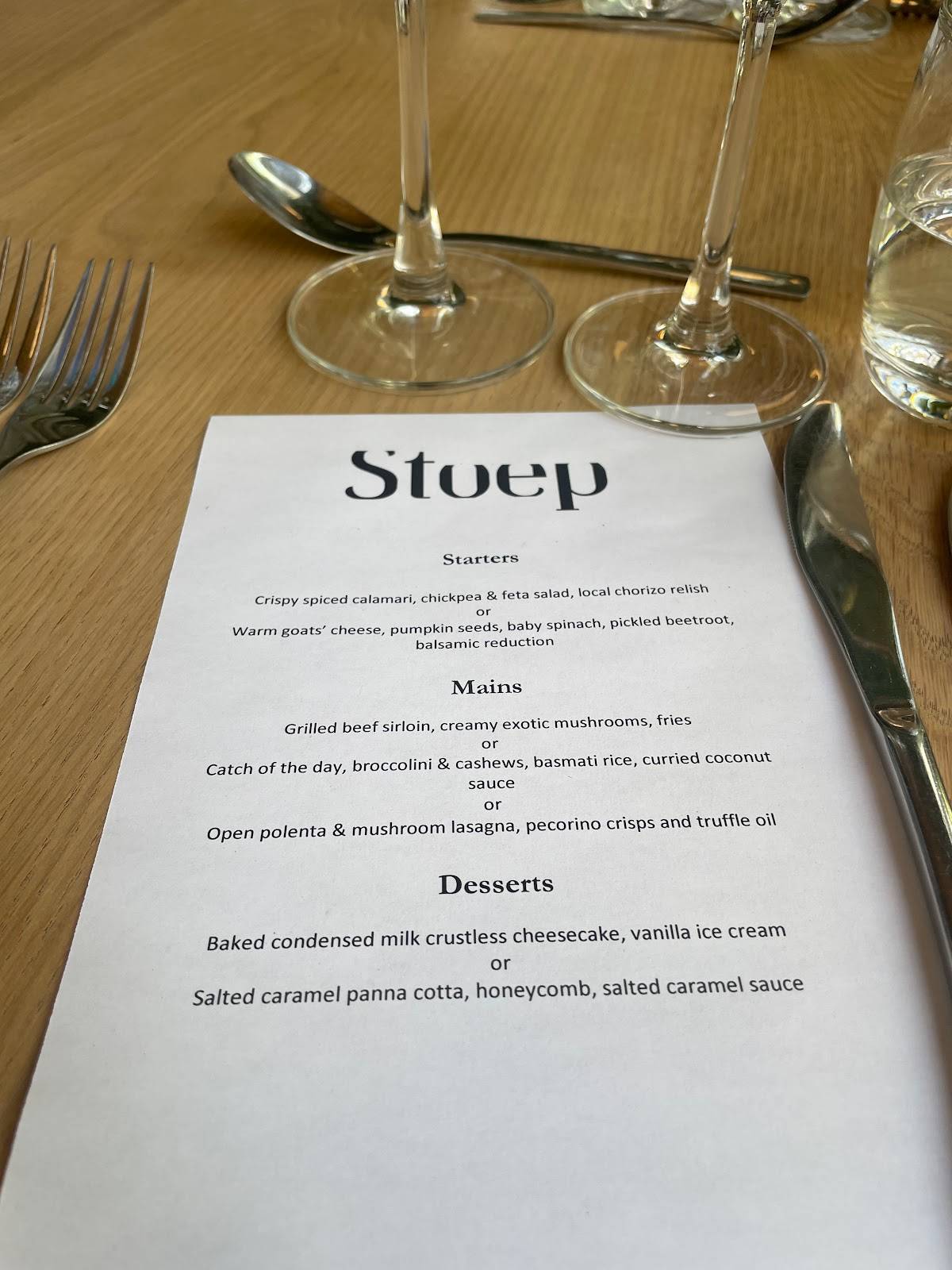 Menu at Stoep restaurant, Paarl