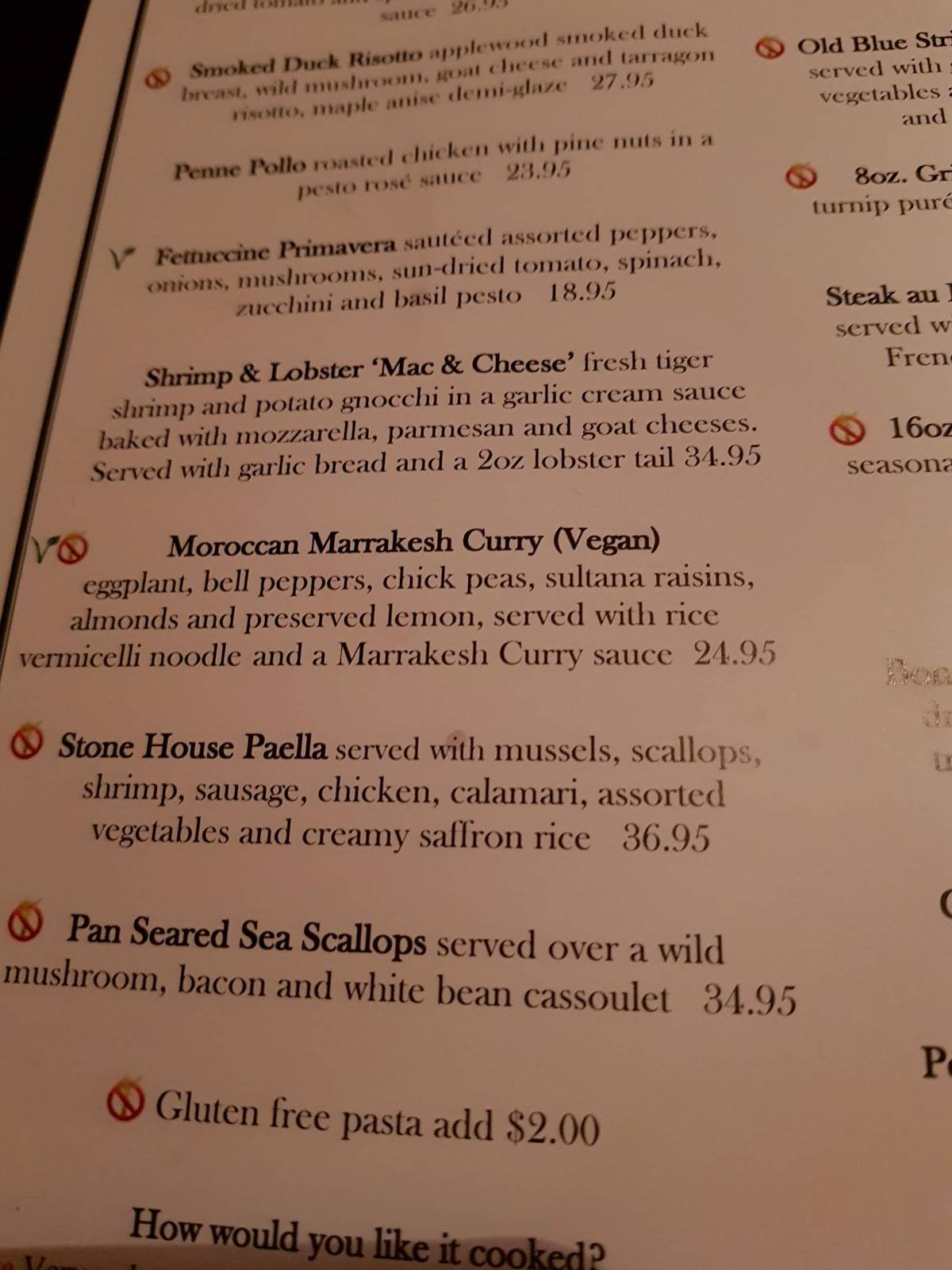 Menu at Stone House Restaurant, Burlington