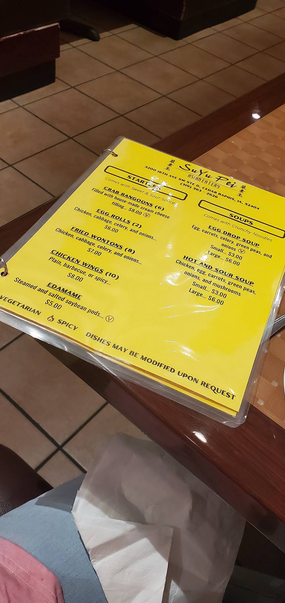Menu at SuYu Pei restaurant, Cedar Rapids