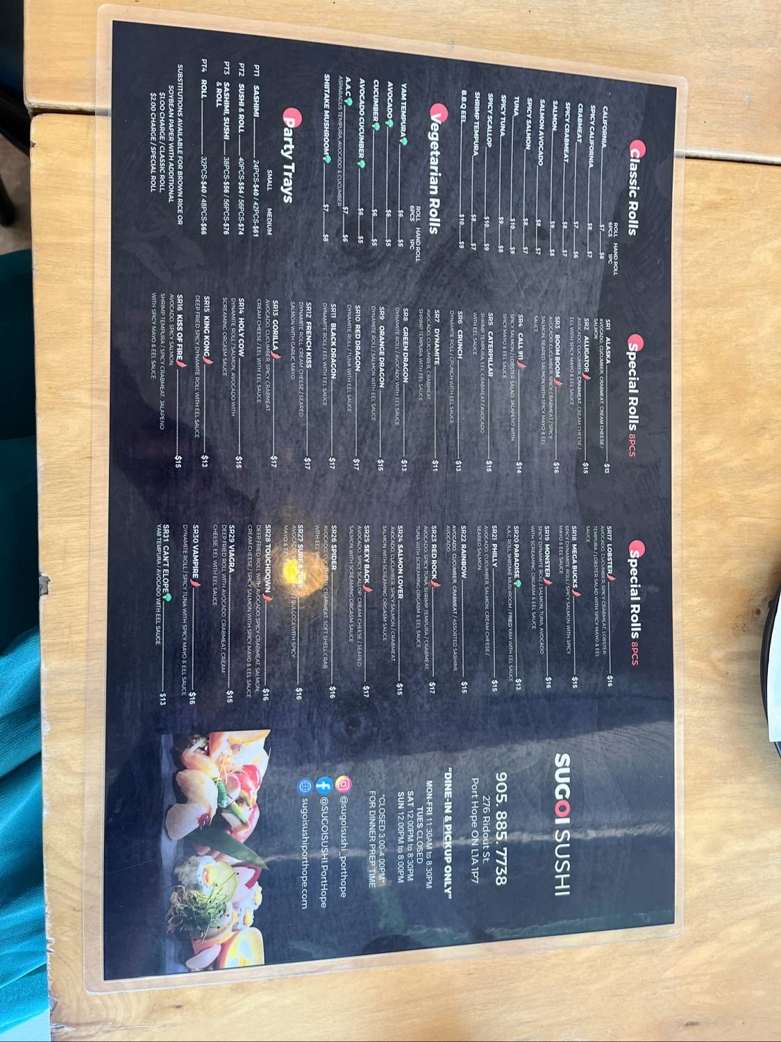 Menu at Sugoi Sushi restaurant, Port Hope