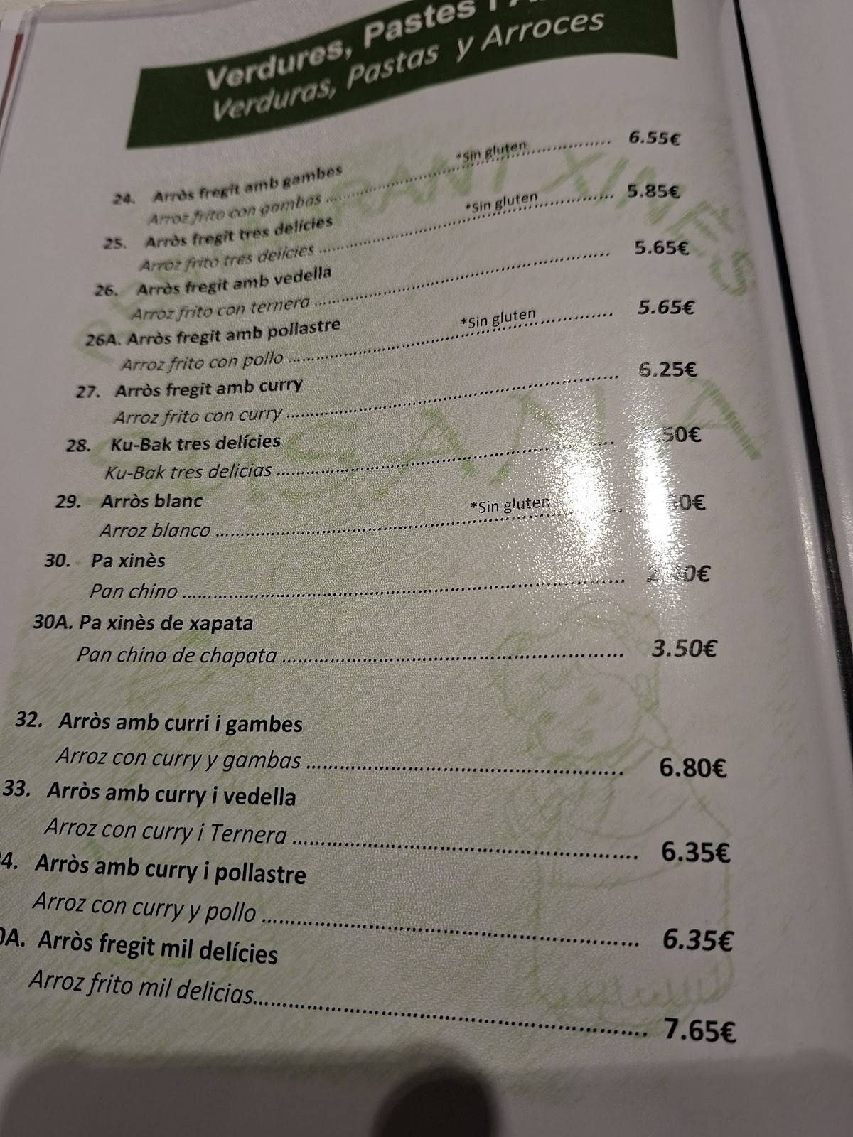 Carta de Restaurante Xinés Susana, Mollerusa