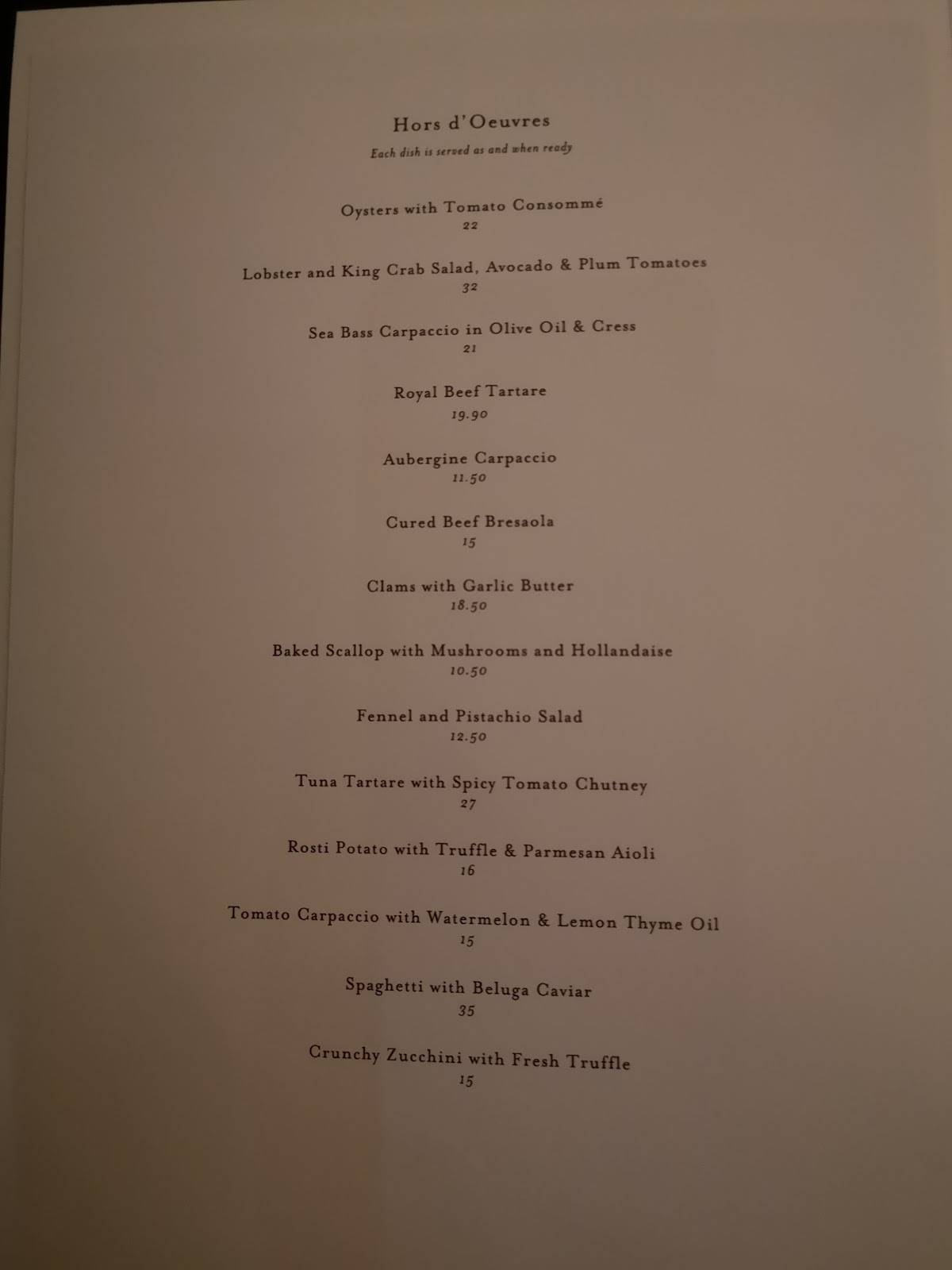 Menu at THE DUCHESS, Amsterdam