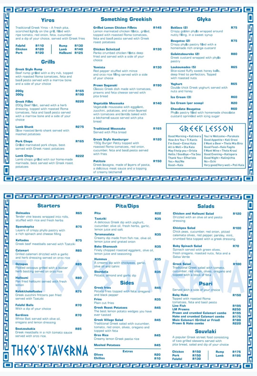Menu at THEO'S TAVERNA restaurant, Hermanus, 10 Harbour Rd