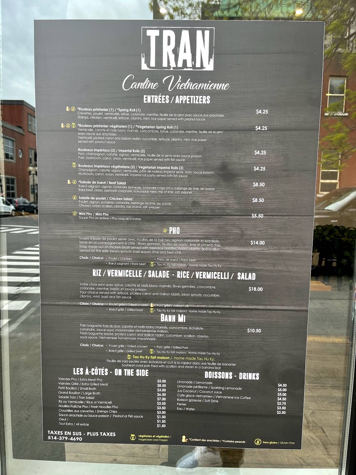 Menu at TRAN Cantine Vietnamienne restaurant, Montréal, Notre-Dame St W
