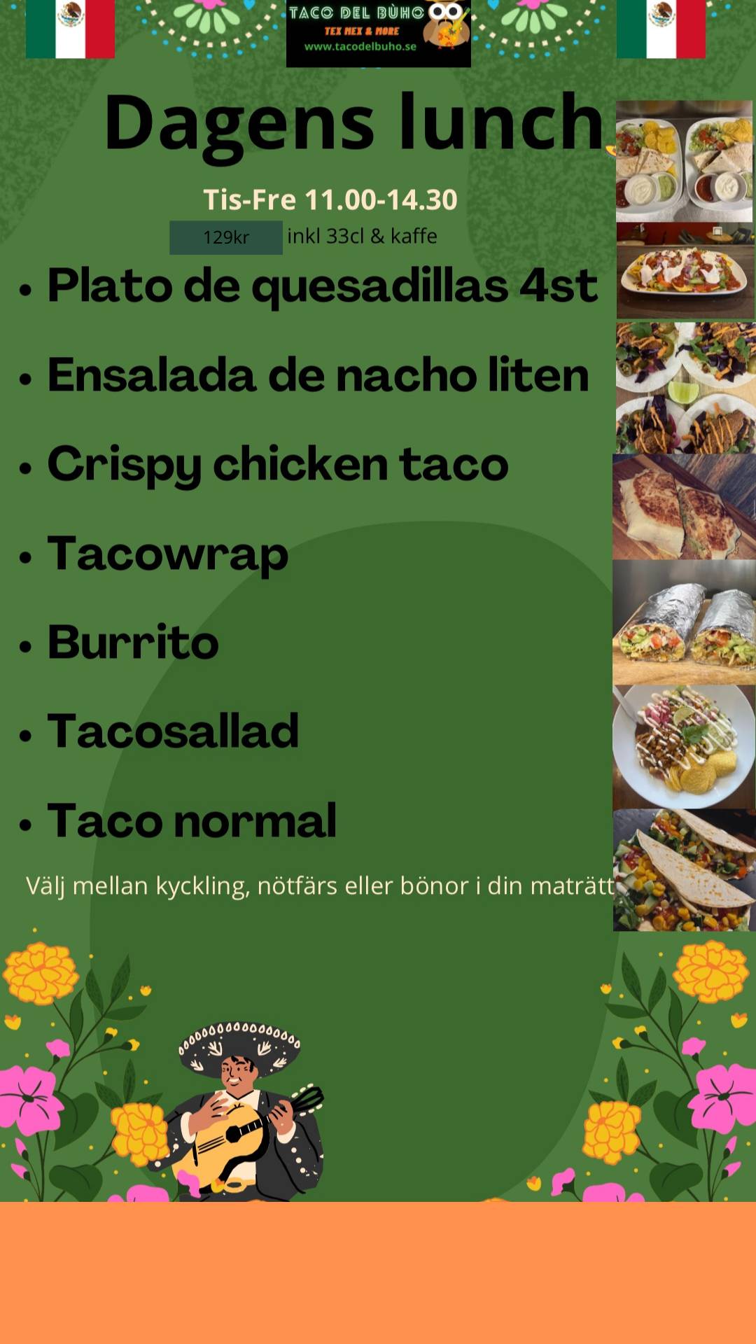 Menu at Taco del Buho restaurant, Strängnäs
