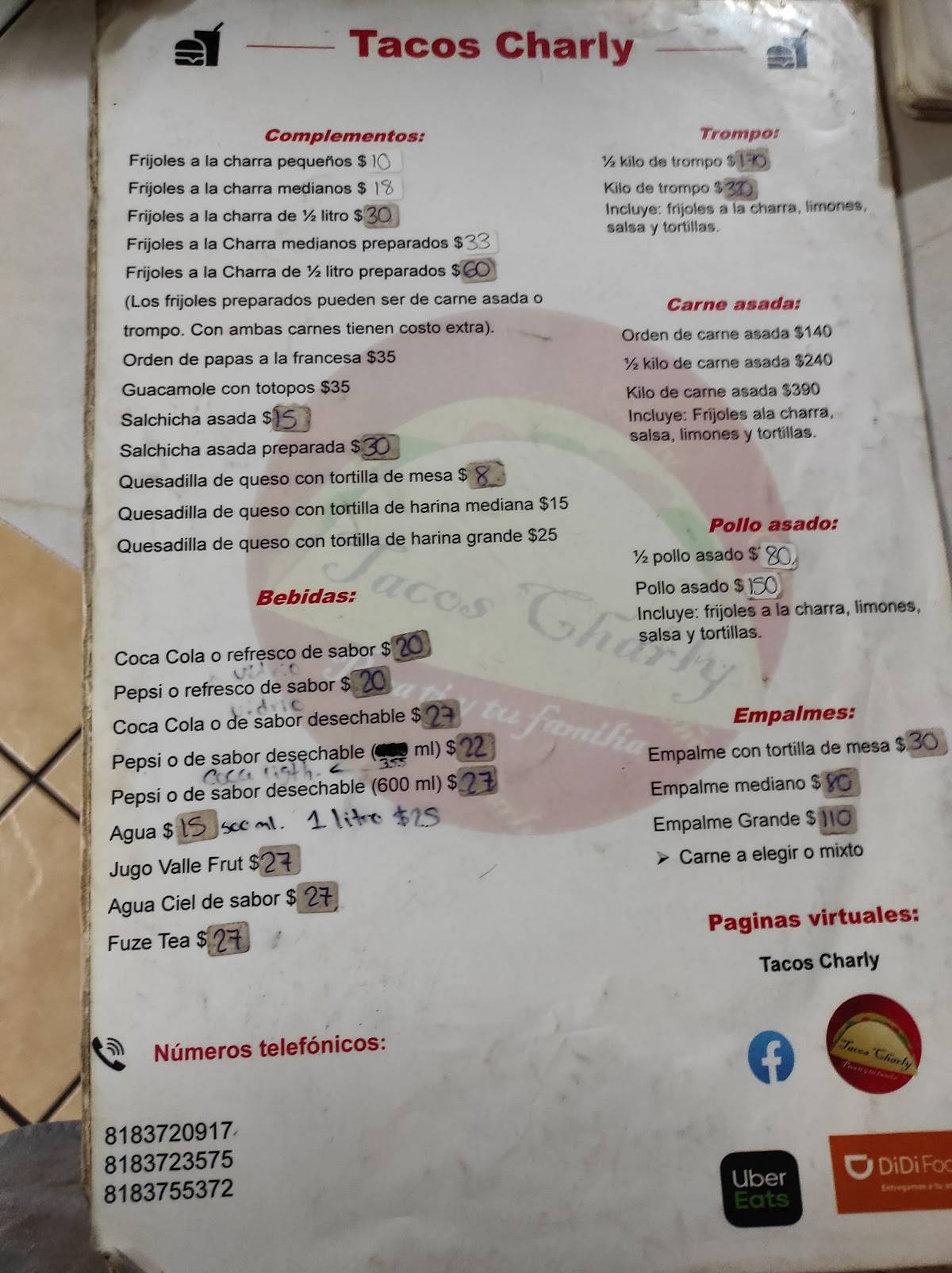 Carta del restaurante Tacos Charly, Monterrey, Calle Pedro María Anaya