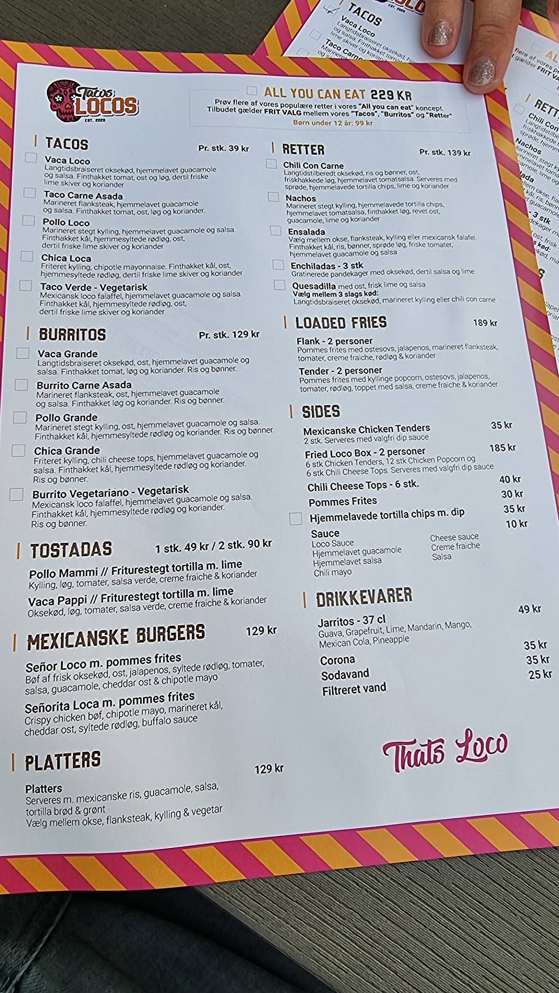 Menu at Tacos Locos restaurant, Køge