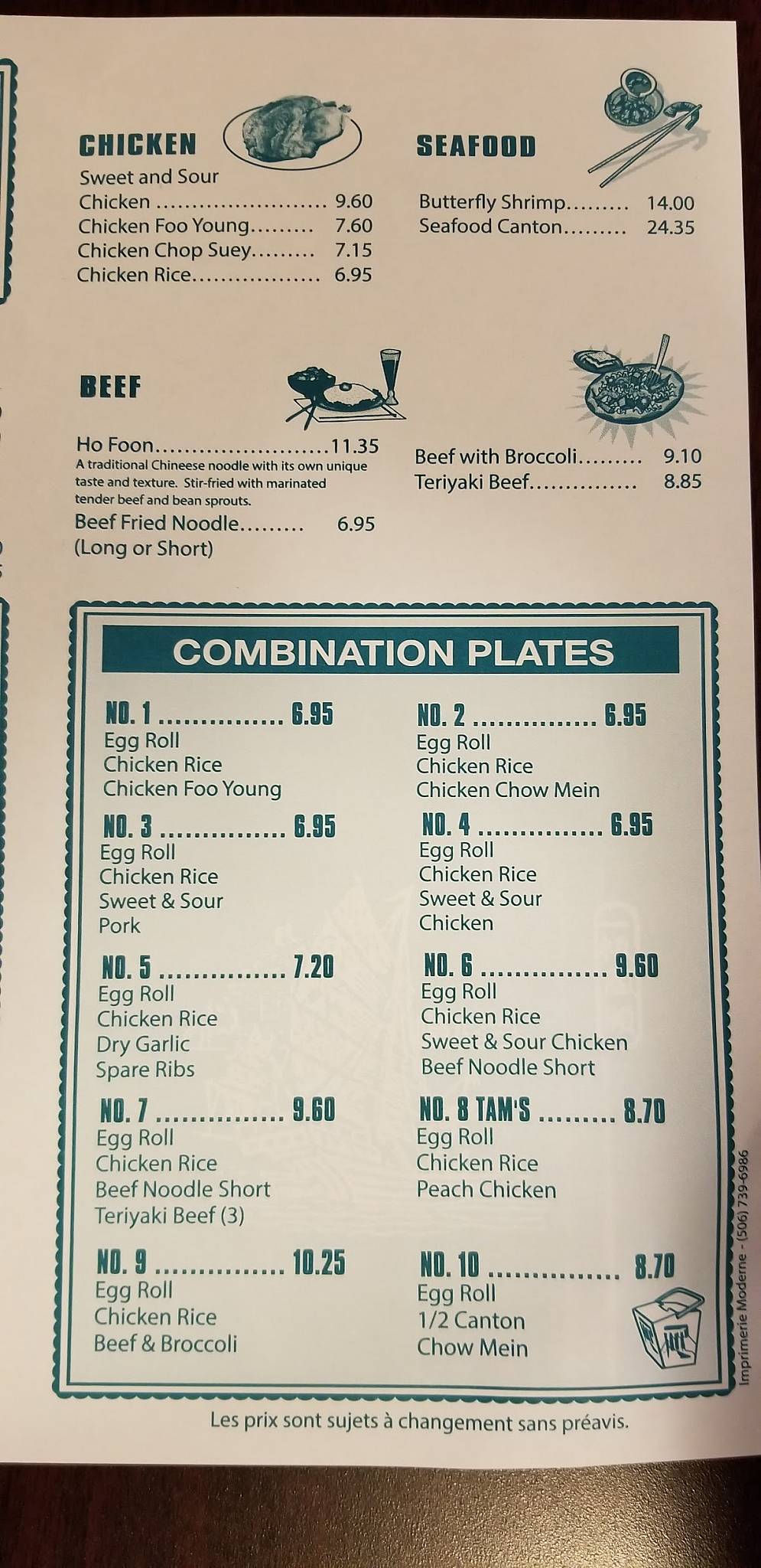 Menu at Tam's Chinese Food restaurant, Edmundston