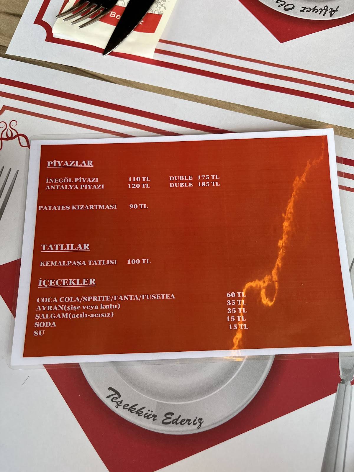 Menu au Tarihi Lezzet İnegöl Köfte ve Piyaz restaurant, Ankara